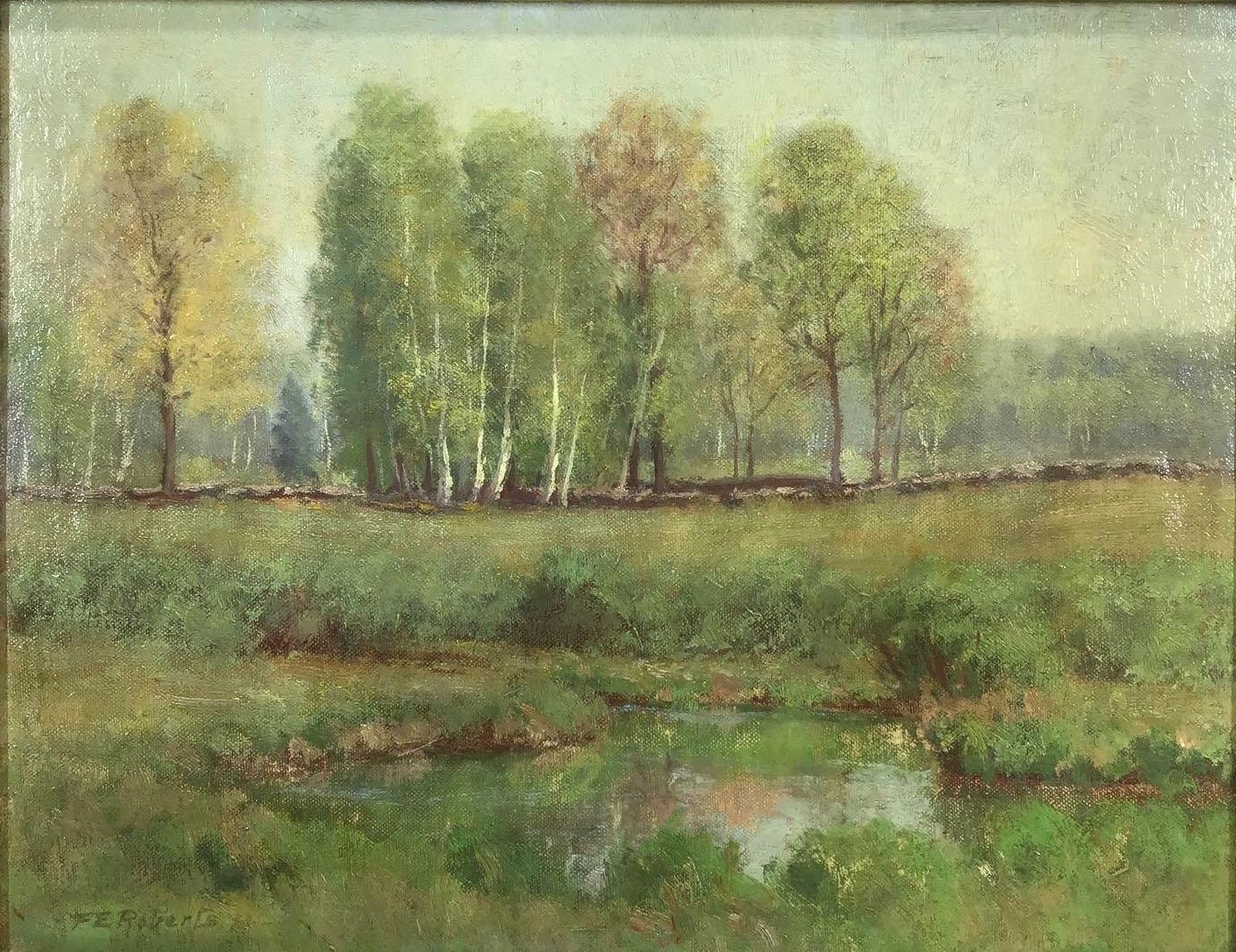 F. E. Roberts | Grassy landscape with trees and water | MutualArt