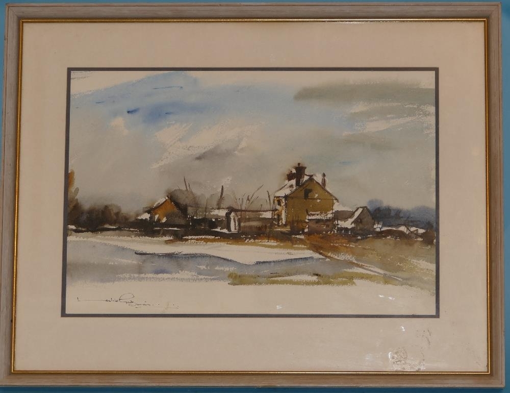 Leslie Goodwin | watercolour depicting buildings on riverbank | MutualArt