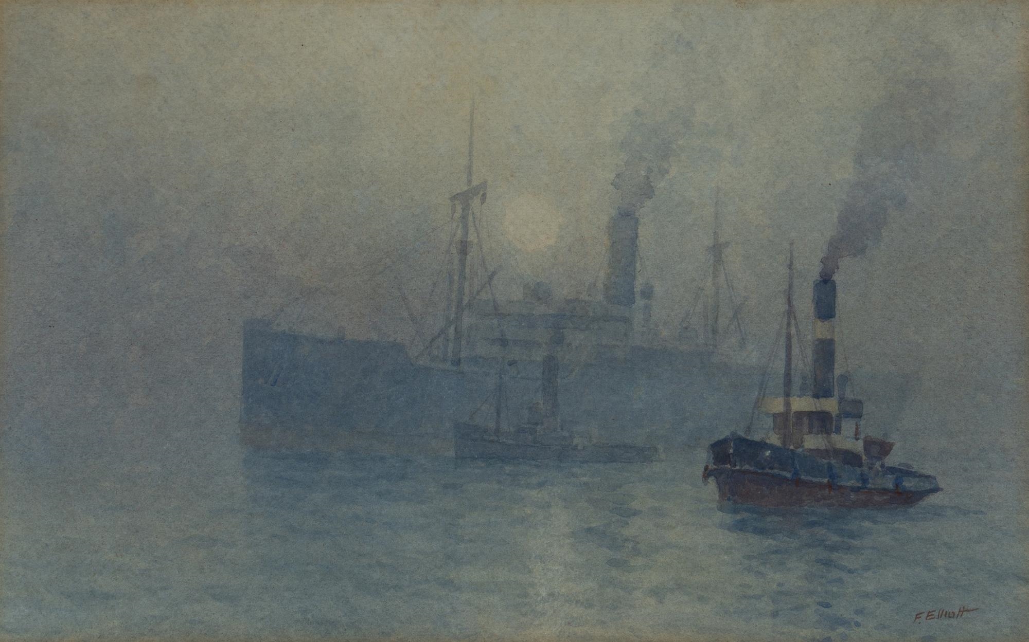 Frederick James Elliot | Steamer and Tugs in the Harbour | MutualArt