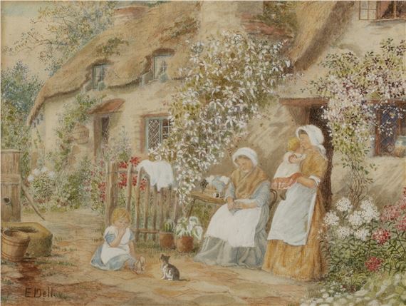 Etheline Eva Dell | Women and children by a thatched cottage | MutualArt