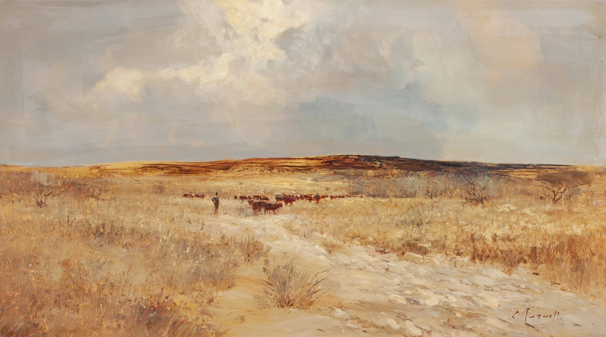 Christopher Tugwell | CATTLE IN A DRY LANDSCAPE | MutualArt