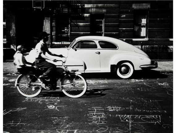 Benn Mitchell | Two People on Bicycle Passing White Car (1951) | MutualArt