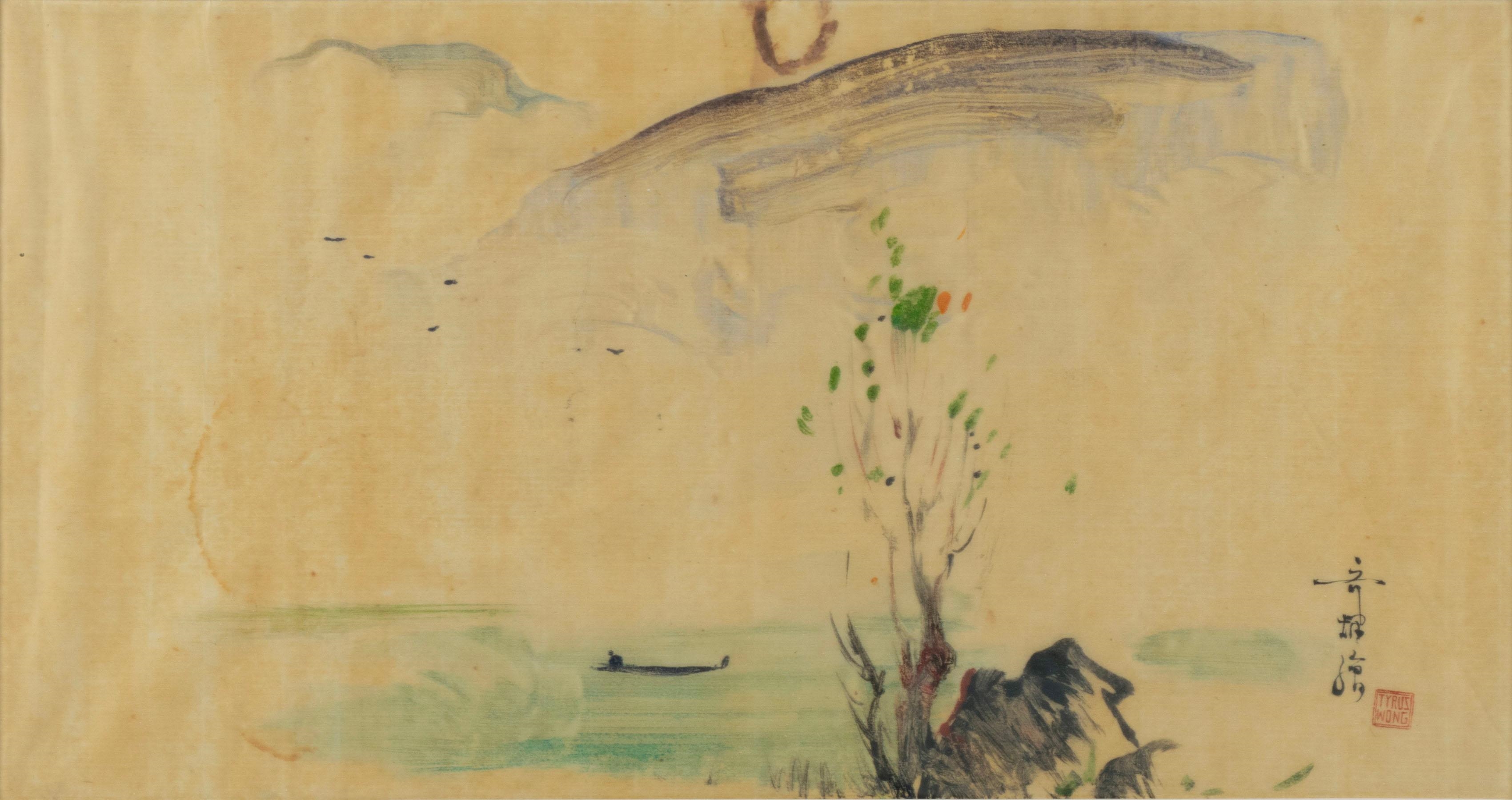 Tyrus Wong | Untitled; A serene view of still water with a boat viewed ...
