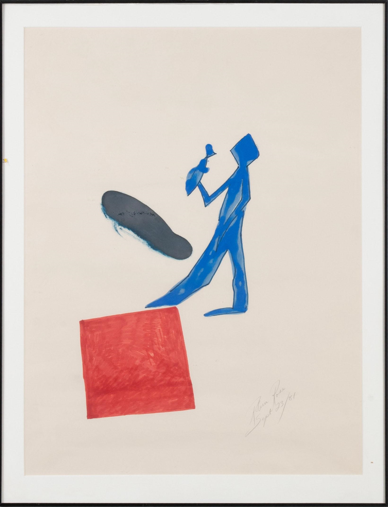 Robin Rose | Untitled; A figure wielding fish amongst colored shapes ...