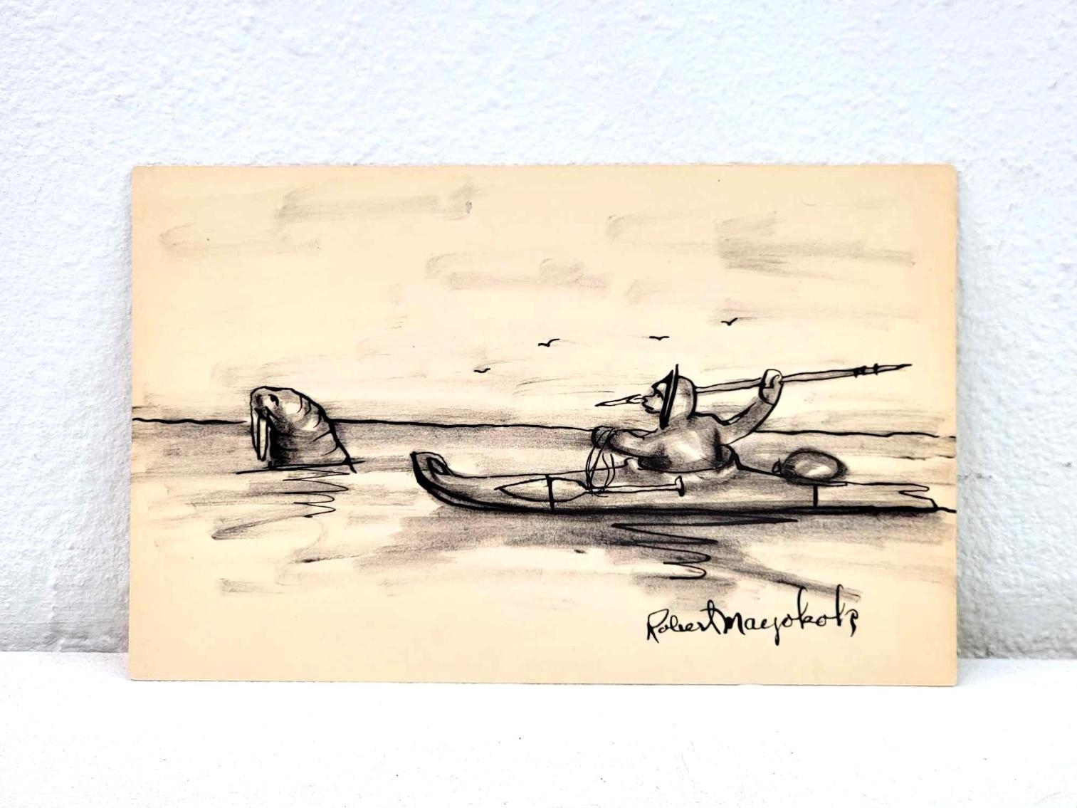 Robert Mayokok | Alaska Native hunter in his kayak with spear poised to ...