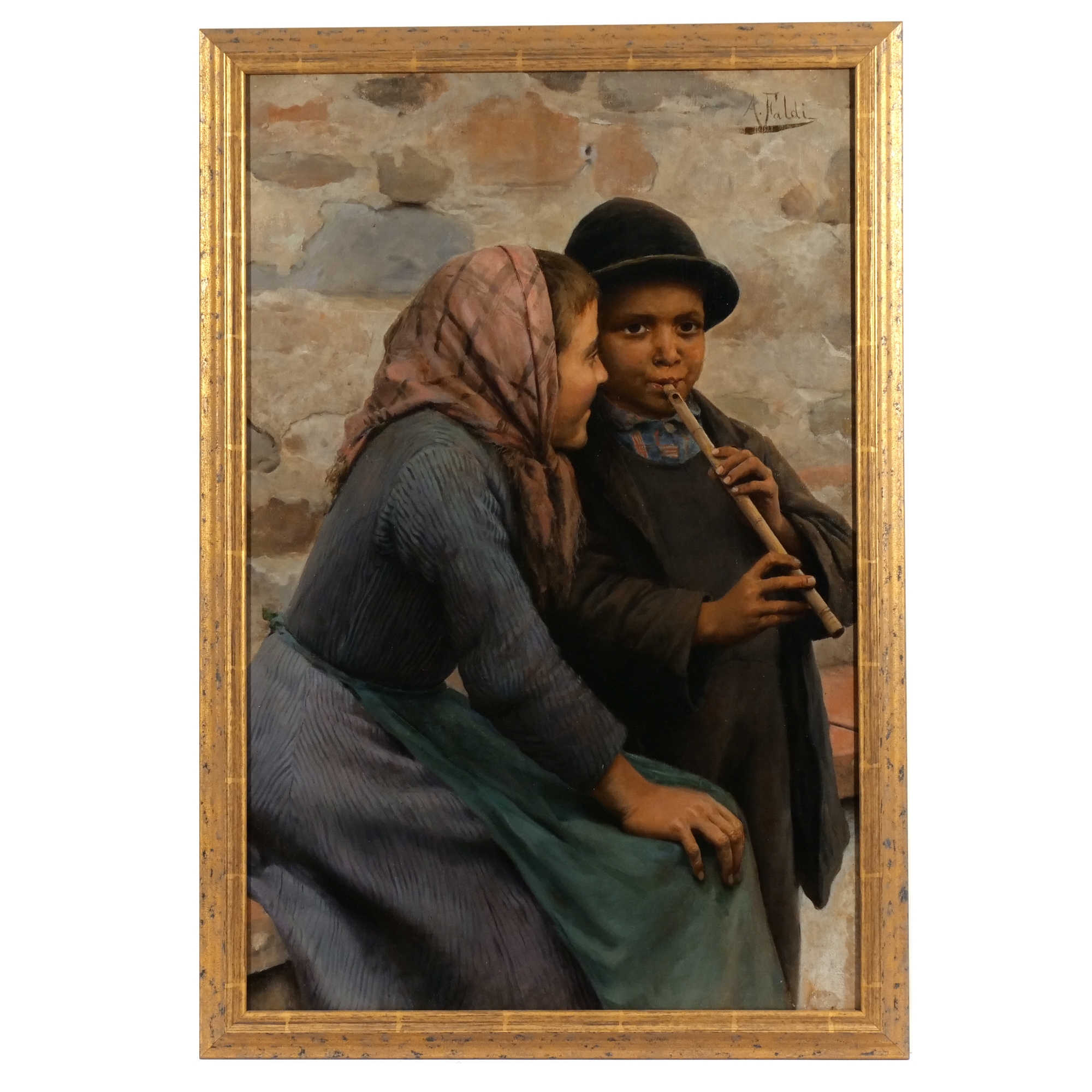 Arturo Faldi | young girl and boy playing a pipe | MutualArt