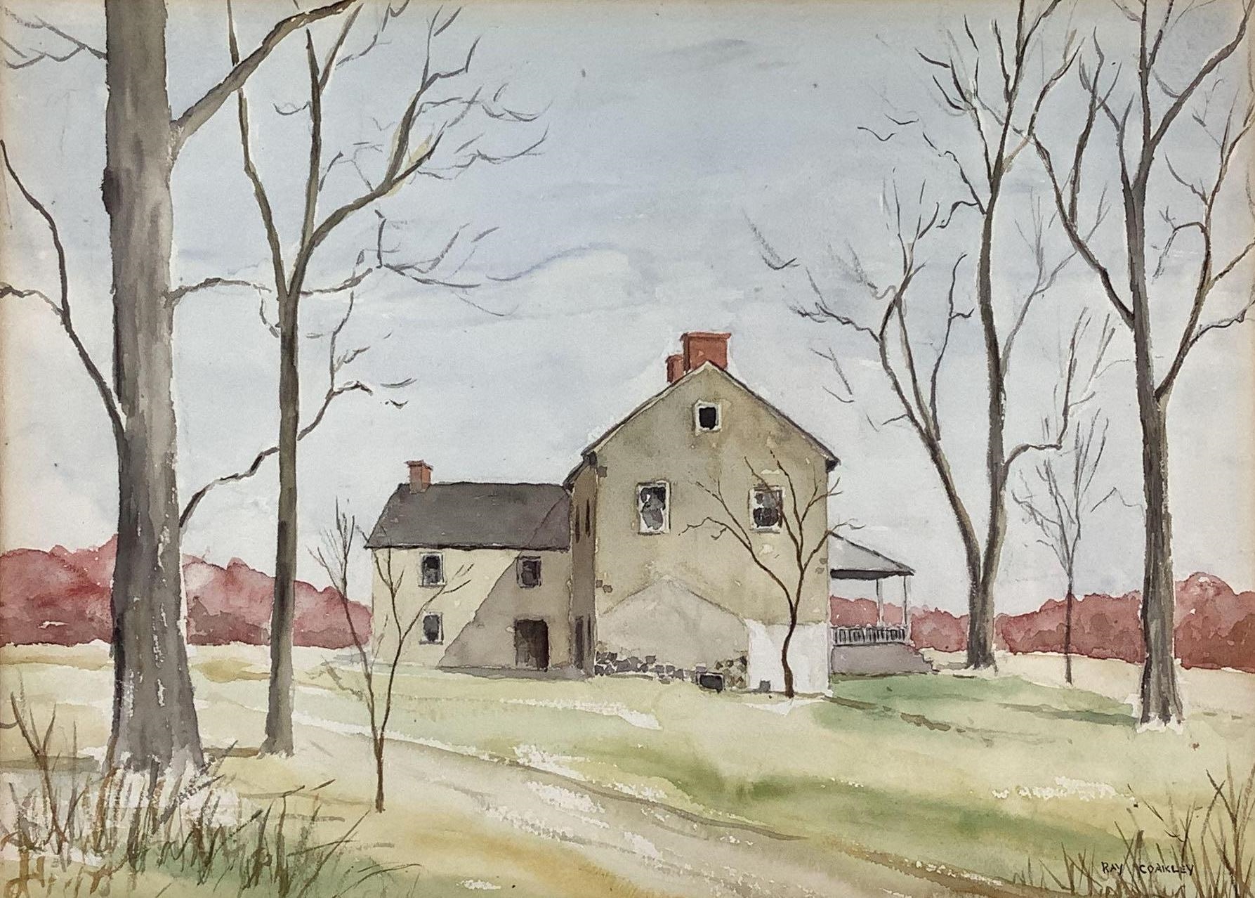 Ray Coakley | Rural landscape with stucco farmhouse | MutualArt
