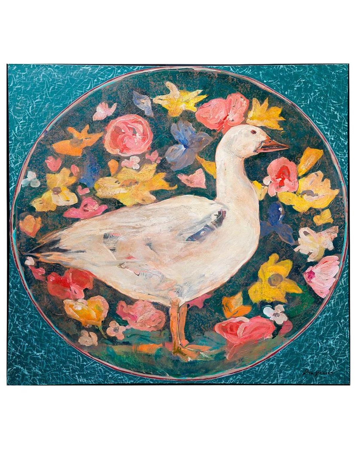 Ira Yeager | White duck in a circle of flowers | MutualArt