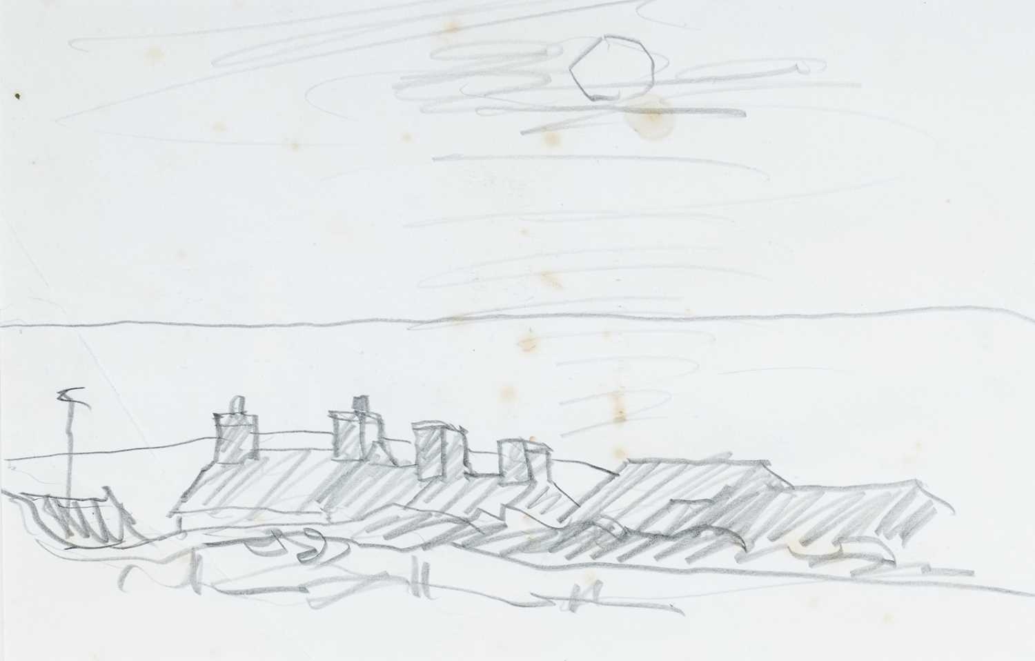 Kyffin Williams | Roofs of houses with sea beyond under sun | MutualArt