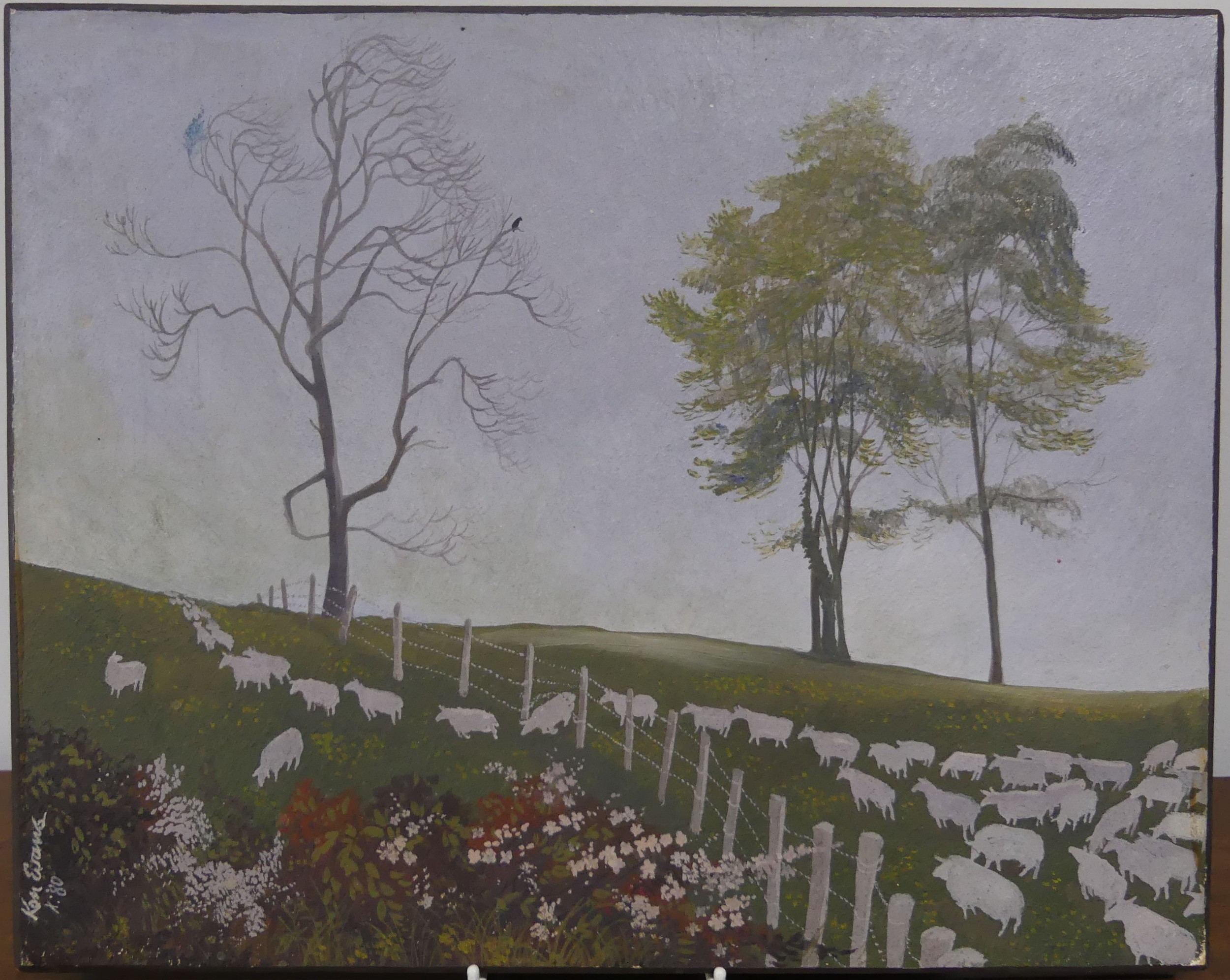 Kenneth Evans | Broken Fence - dead Elm and Sheep | MutualArt