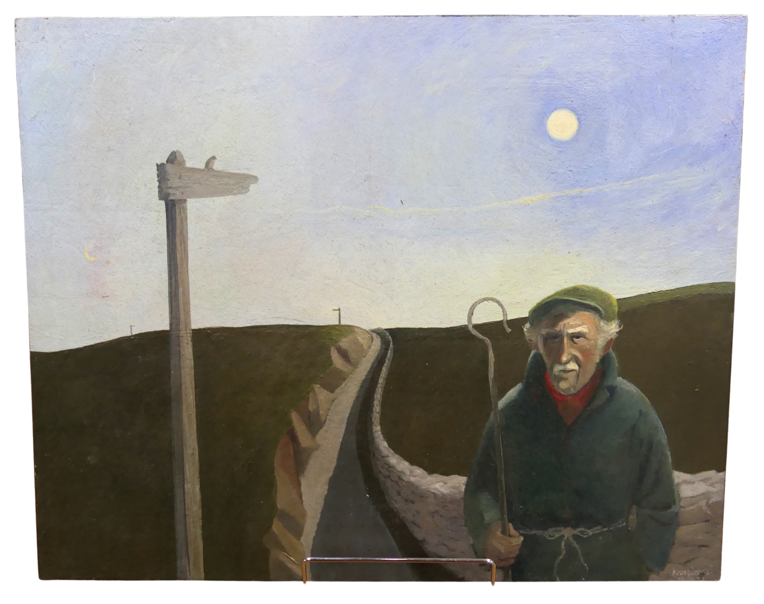 Kenneth Evans | Sparrow on sign-post, road and man | MutualArt