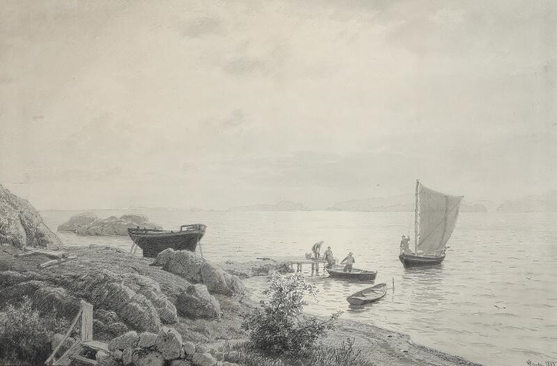 Hans Gude | Coastal scenery with fishermen (1885) | MutualArt