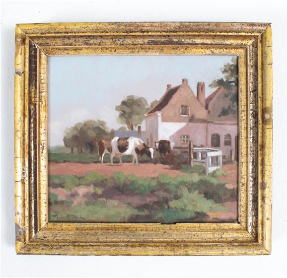 Jan Engel | Cows at pasture beside a country estate. | MutualArt