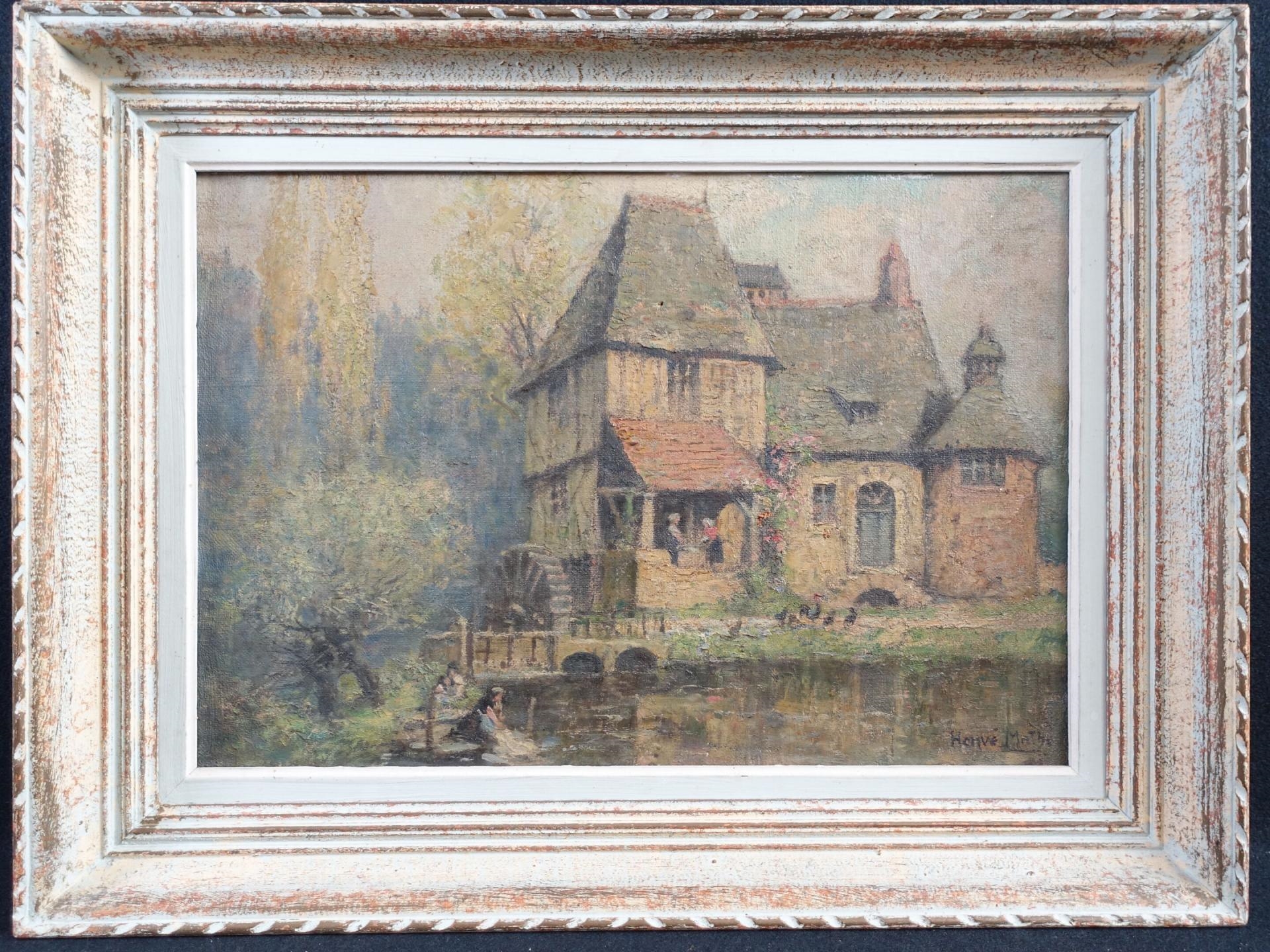 Jules-Alfred Hervé-Mathé | Paysage animé aux lavandières et vieux ...