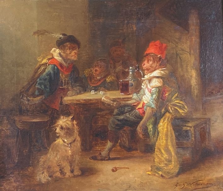 Zacharie Noterman | Monkeys at a Tavern Table with a Dog. | MutualArt