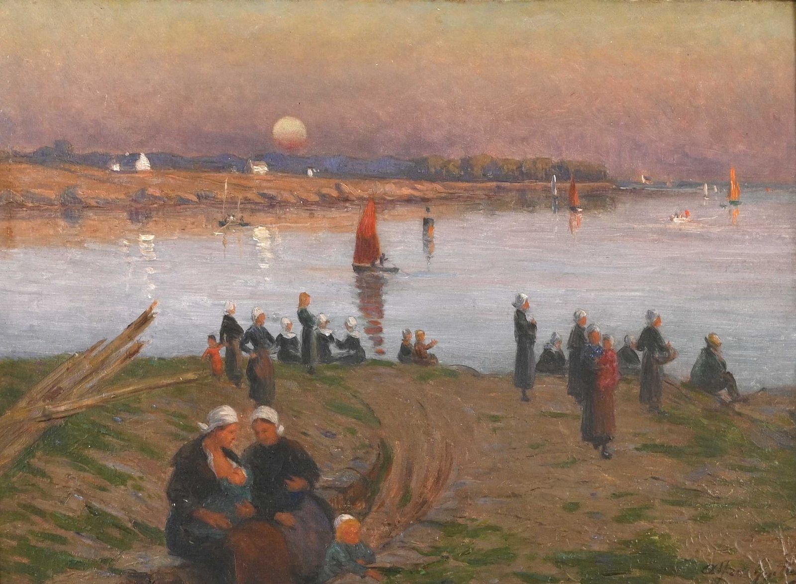 Alfred Guillou | L'attente des bretonnes soleil couchant | MutualArt