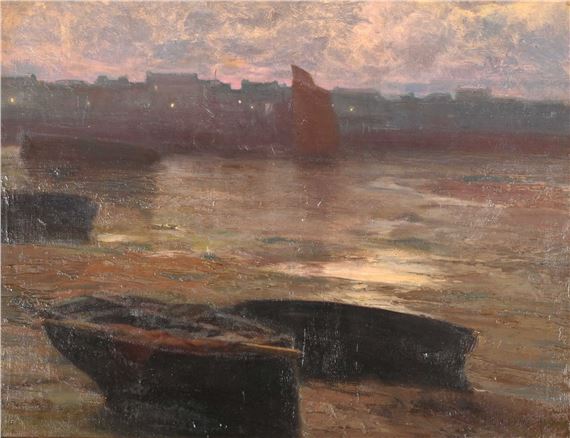 Emil-benediktoff Hirschfeld | Barques près du port au crépuscule ...