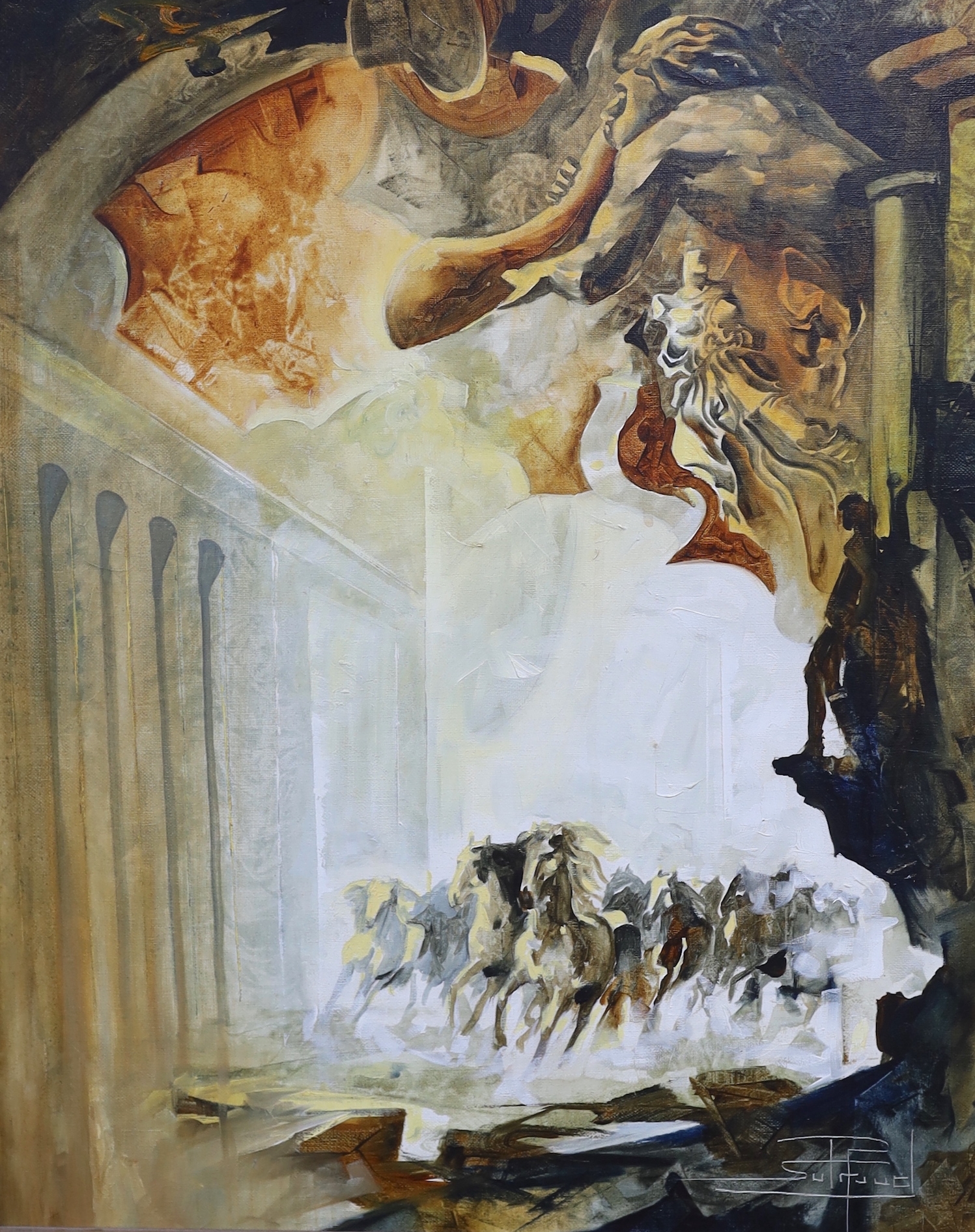 Roger Suraud | Surrealist temple scene with galloping wild horses ...