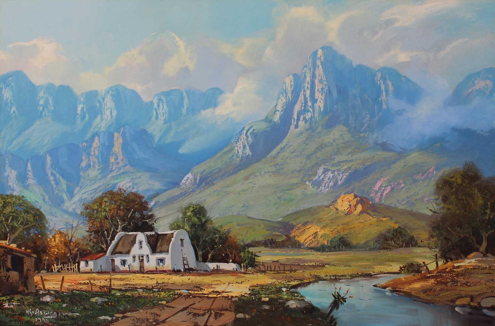 Hennie Van Aswegen | MOUNTAIN LANDSCAPE WITH CAPE DUTCH HOUSE (1990 ...