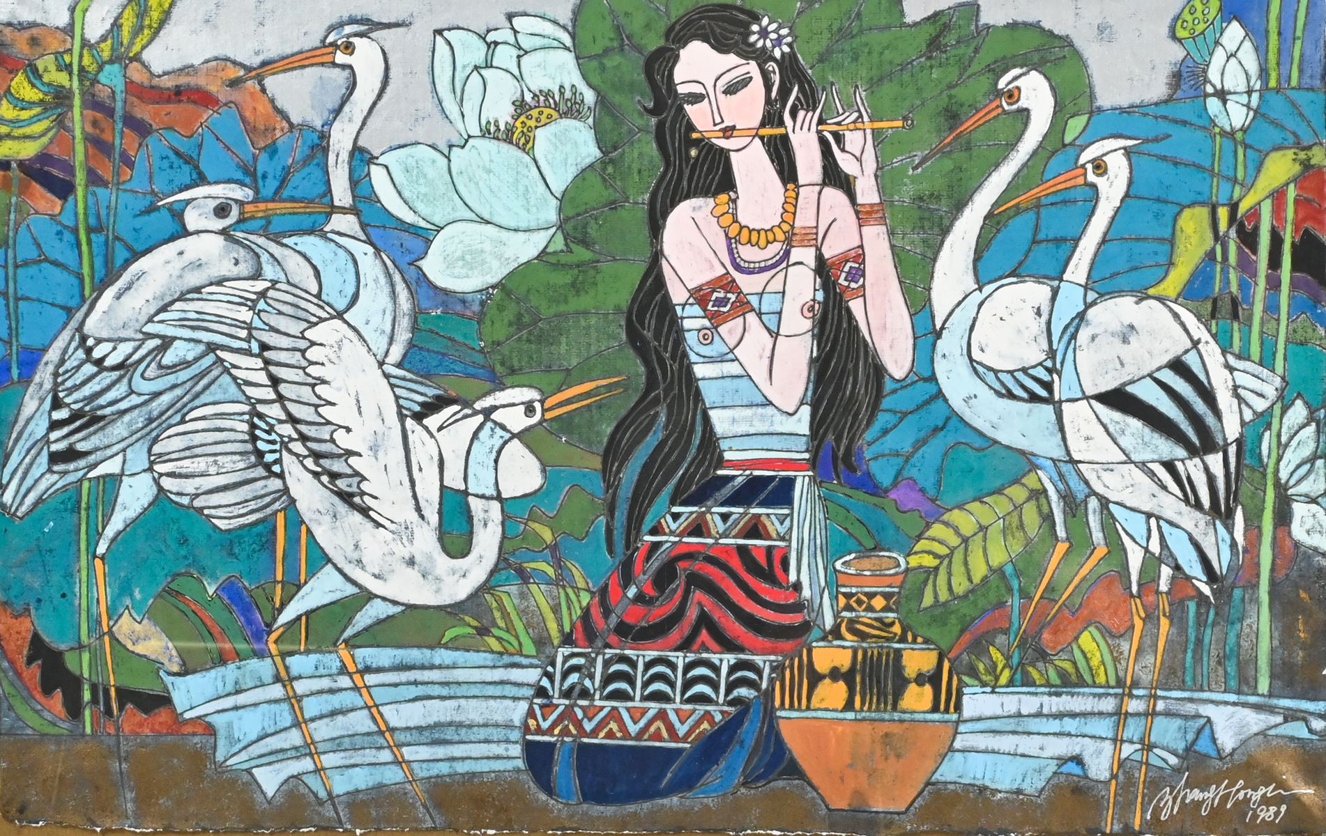 Zhang Hongbin | Flautist with Cranes | MutualArt