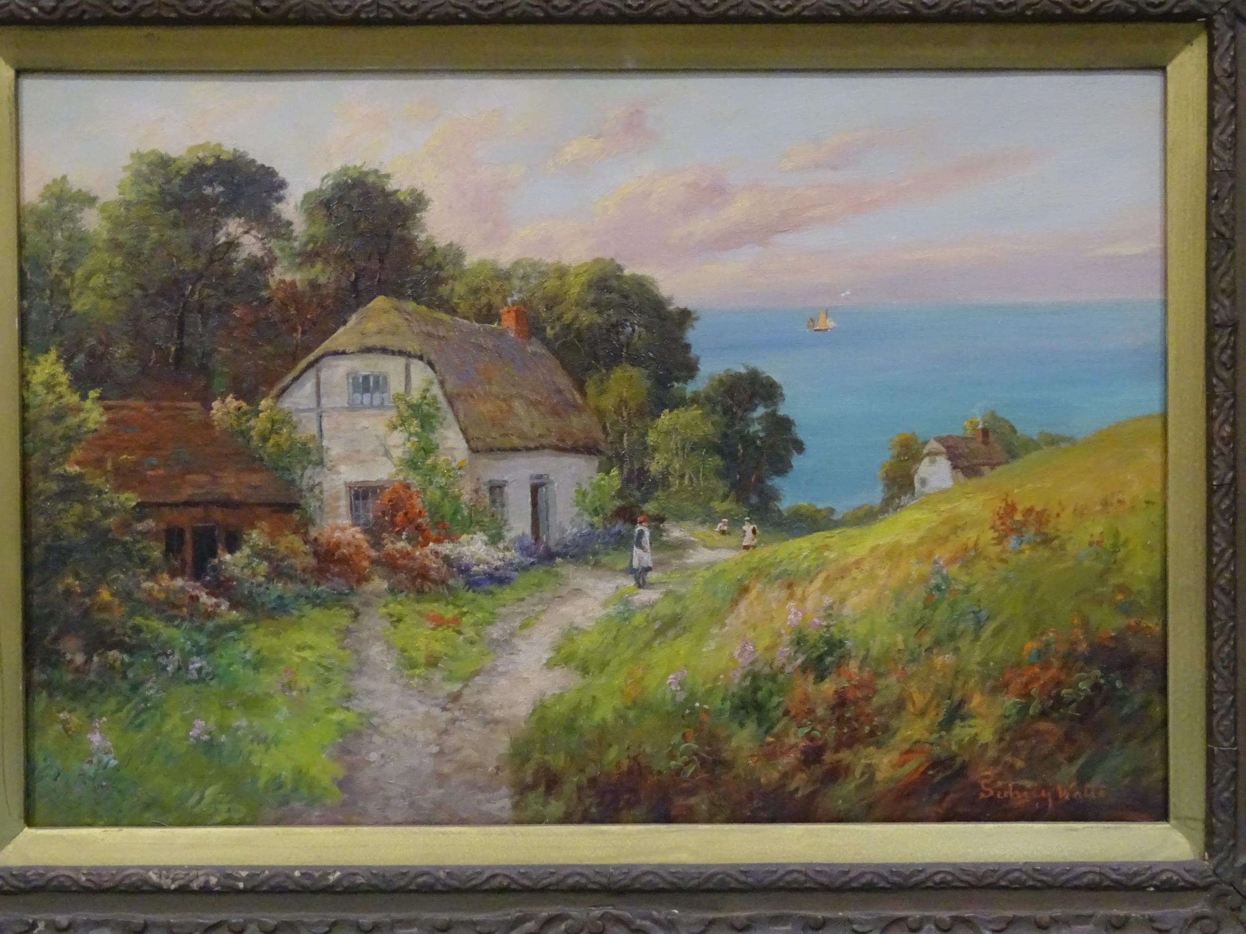 Sidney Watts | FIGURES ON A COASTAL PATH WITH COTTAGES | MutualArt
