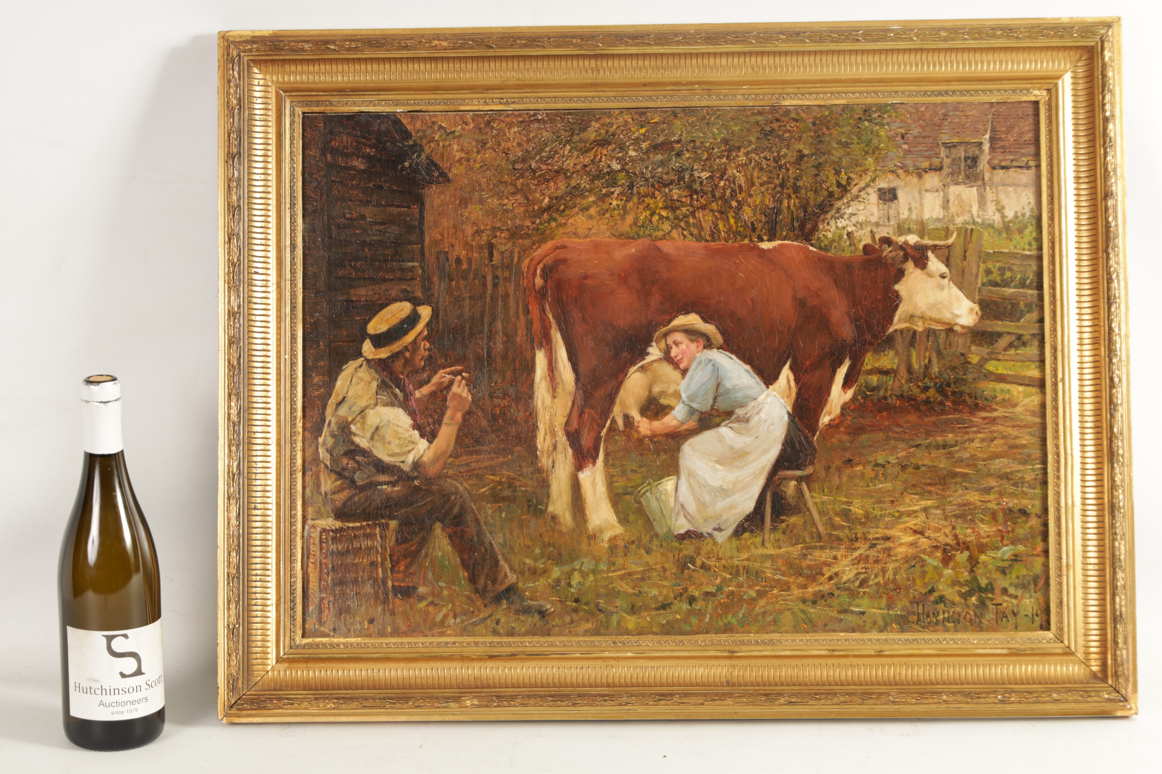 Hamilton Jay | Farmstead scene with seated figures and cow at milking ...