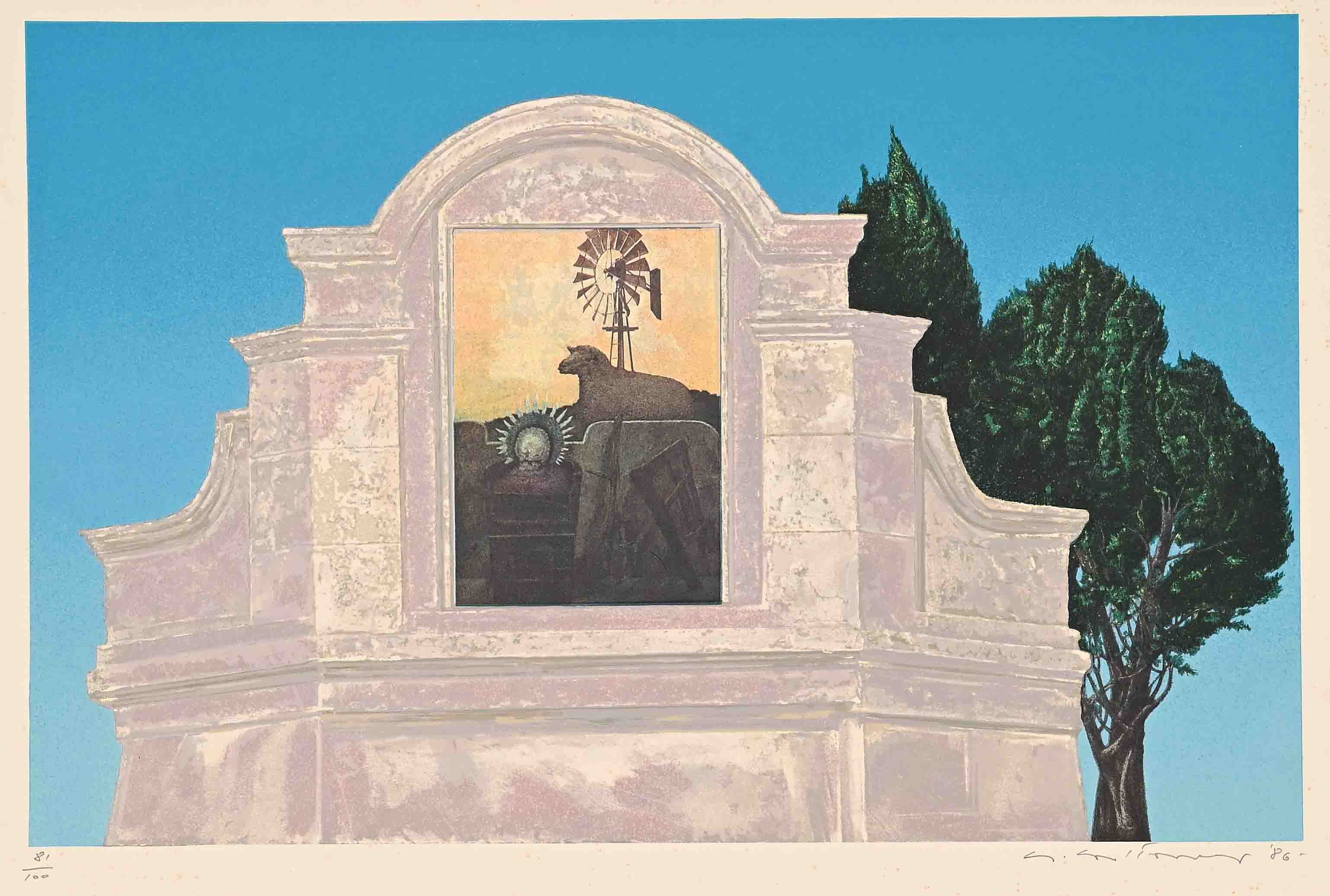 Giuseppe Cattaneo | Gabled Building with Sheep and Windmill (1986 ...