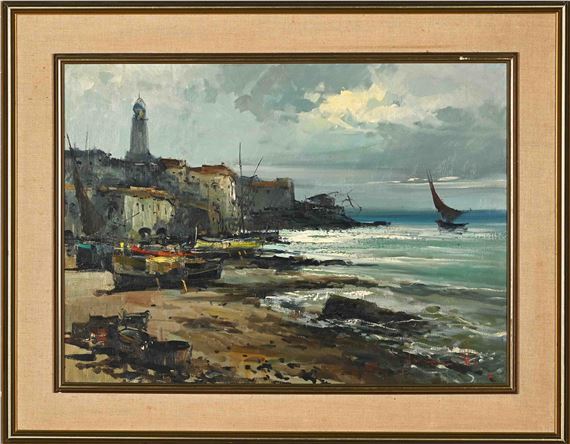 Ercole Magrotti | Boats on a Beach with City Backdrop | MutualArt