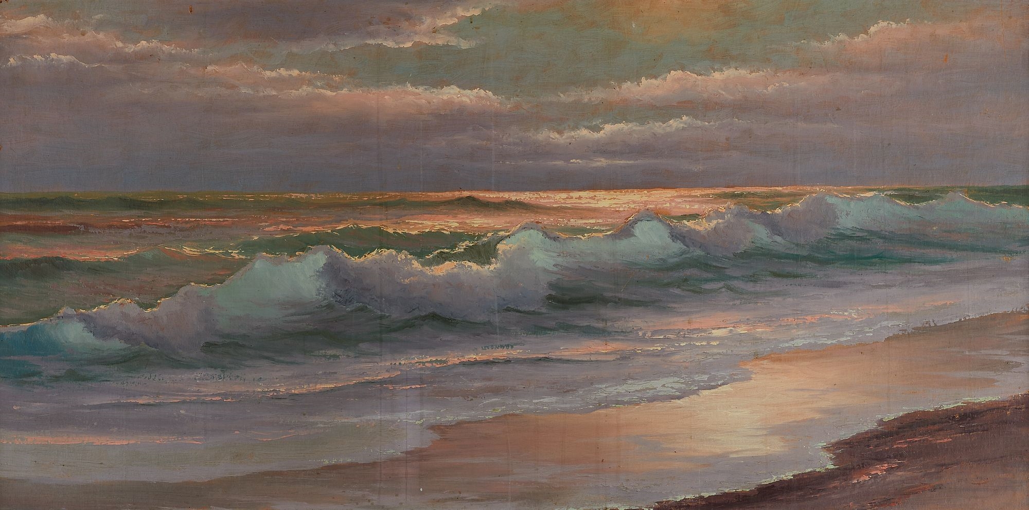 Harold Newton | Waves crashing on the shore with a low sun | MutualArt