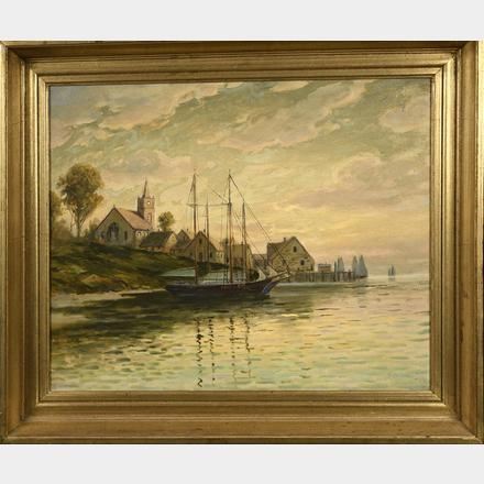 Thomas Bailey | Harbor scene at dusk with church in background | MutualArt