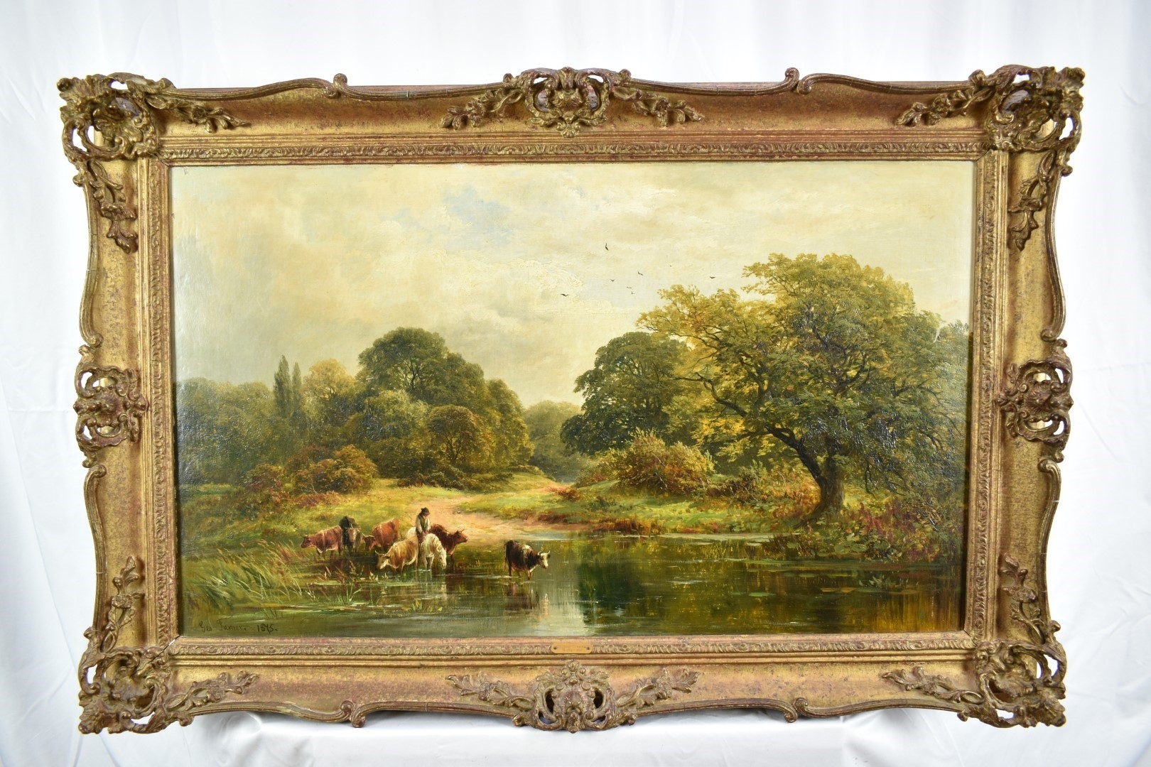 George Turner | Wooded River Landscape with cattle watering in the ...