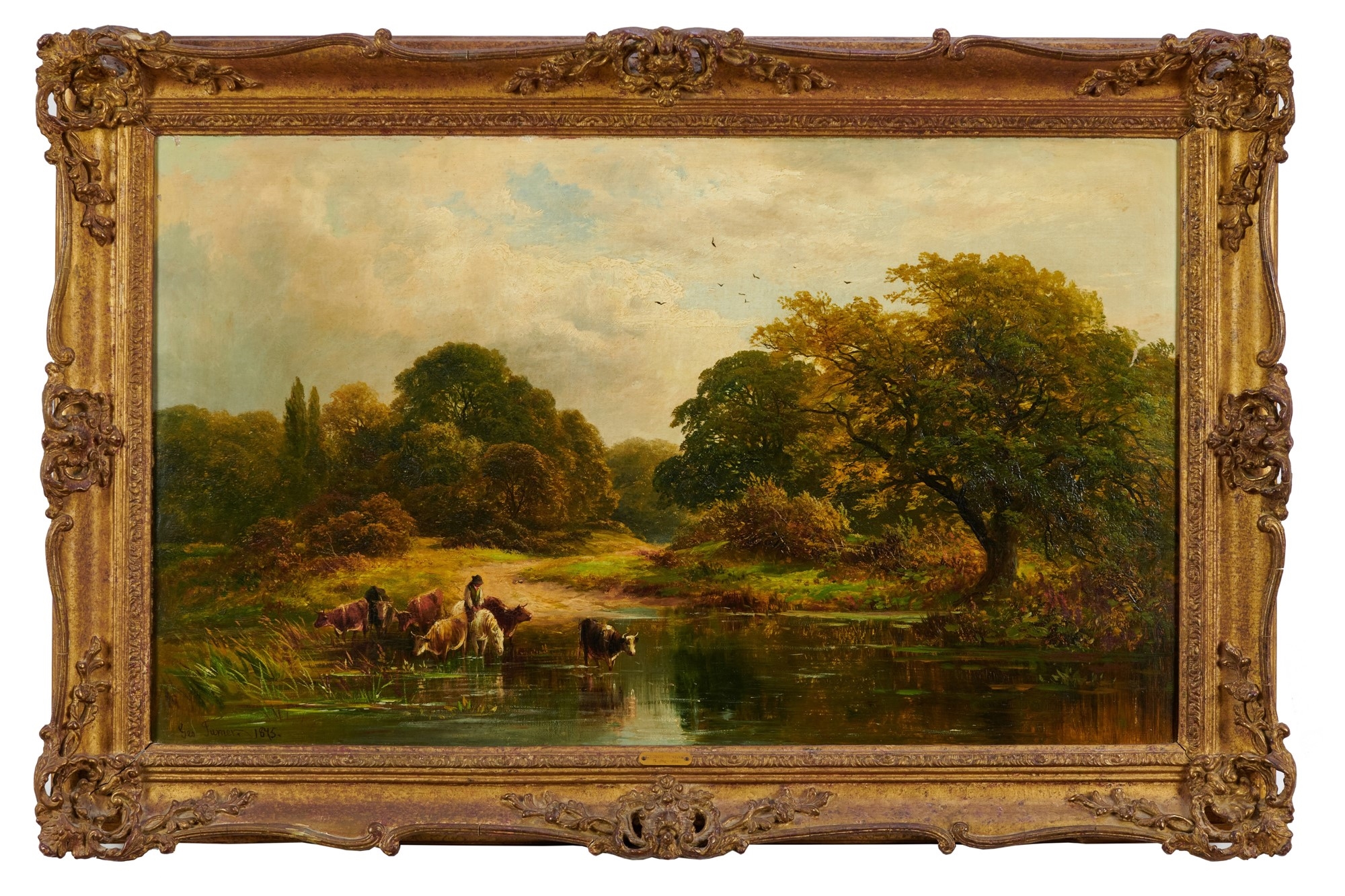 George Turner | Wooded River Landscape with cattle watering in the ...