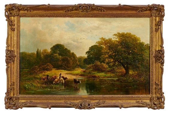George Turner | Wooded River Landscape with cattle watering in the ...