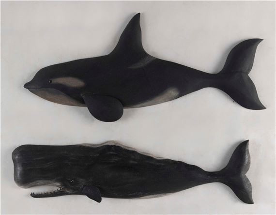 Roger Mitchell | TWO ROGER MITCHELL CARVED WOODEN WHALE PLAQUES | MutualArt