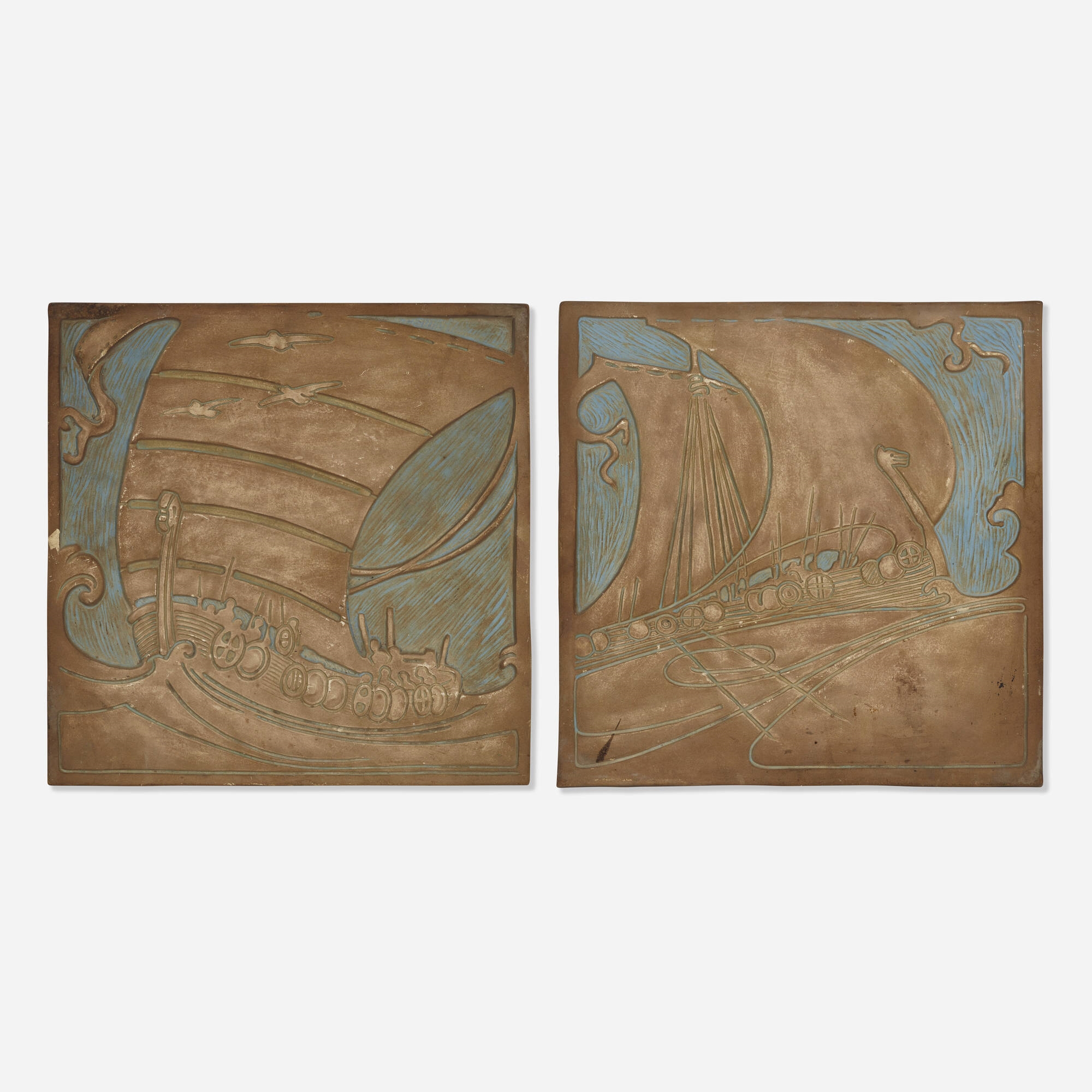 Ernest Batchelder | Viking ship architectural tiles, set of two (Circa ...