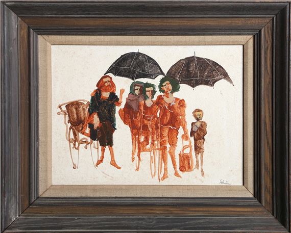 Gerard Sebastian | TRAVELERS WITH UMBRELLAS (Circa 1970) | MutualArt