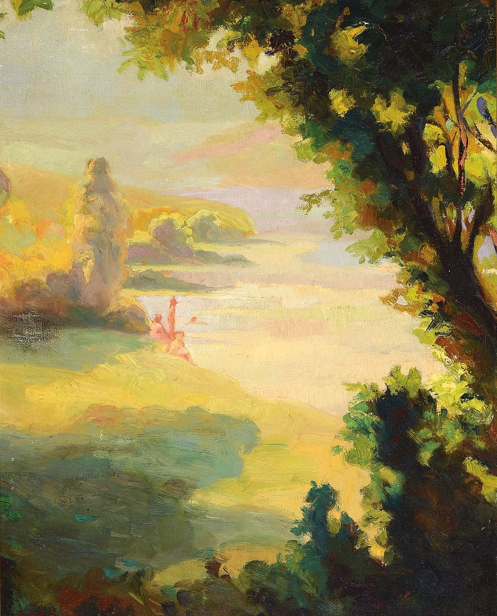 Pierre Lesage | bathers on a beach with groups of trees | MutualArt