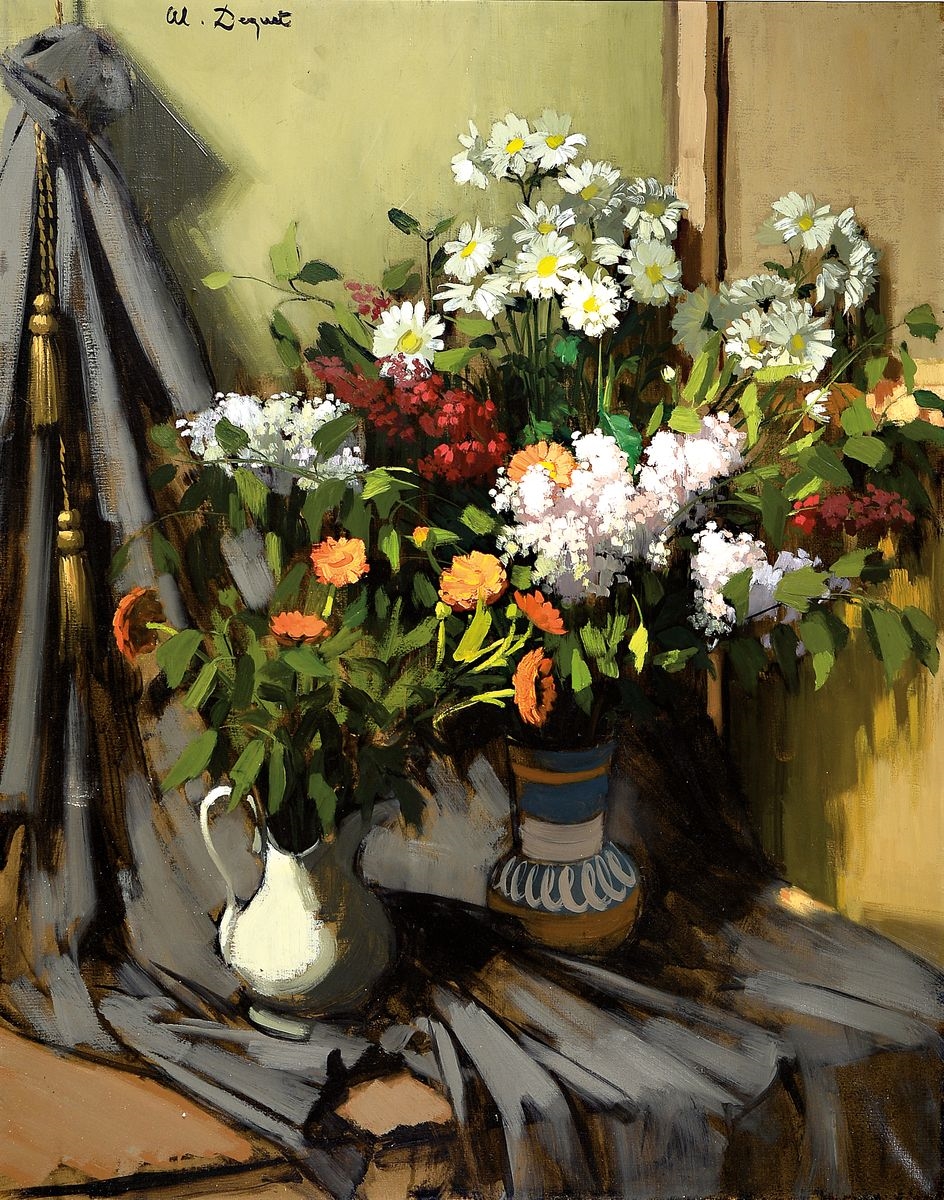 Alain Dequet | flower still life with draped cloth | MutualArt