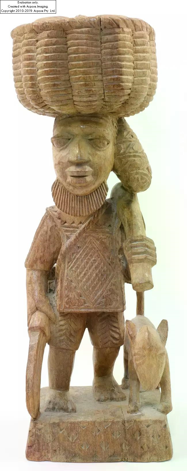Lamidi Fakeye | A farmer and his dog, the farmer balancing a basket of bread on his head | MutualArt