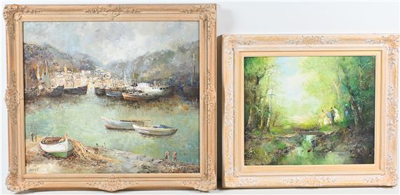 Willi Bauer | Figures in a green forest crossing a stream; Village ...