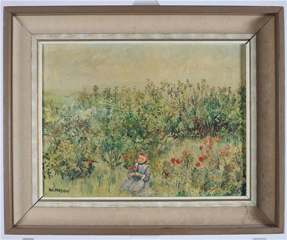 W. Mason | Poppy Field with Young Girl Shown Kneeling | MutualArt