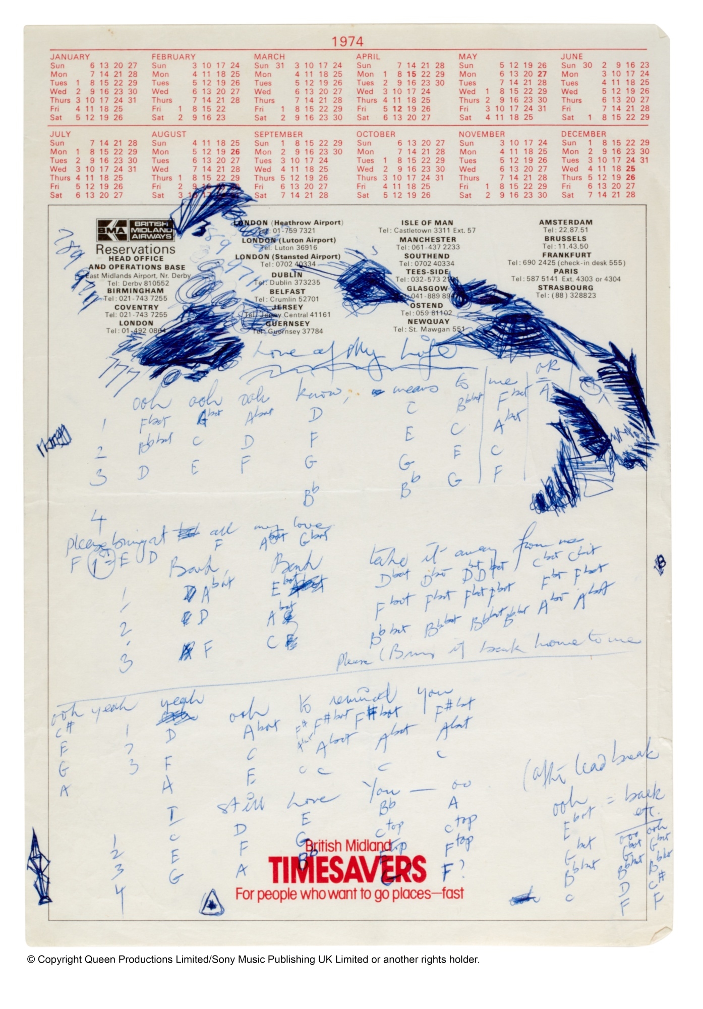 Freddie Mercury | Autograph draft lyrics to 'Love of My Life (1974 ...