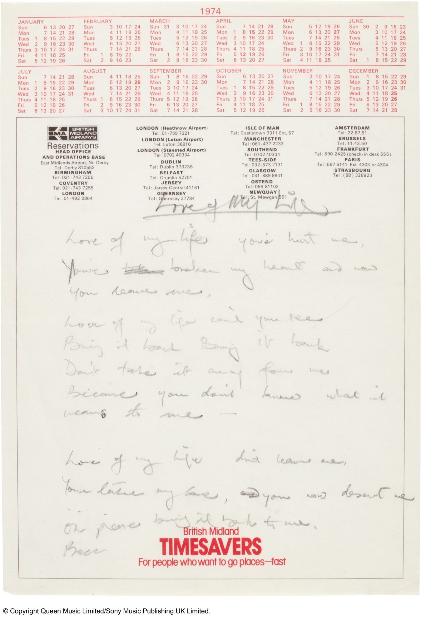 Freddie Mercury | Autograph draft lyrics to 'Love of My Life (1974 ...