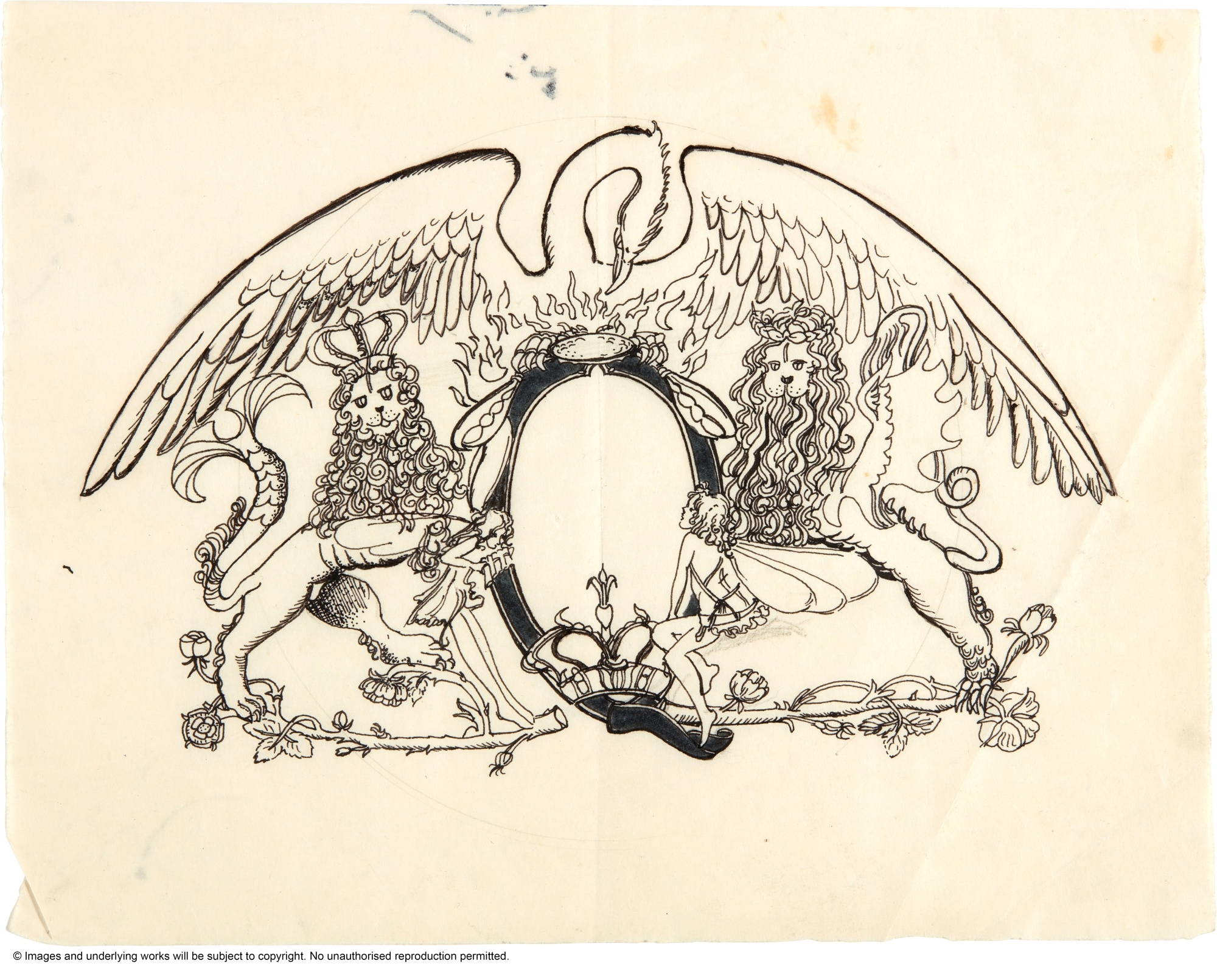 Freddie Mercury | Ink drawings for the Queen Crest (1972) | MutualArt