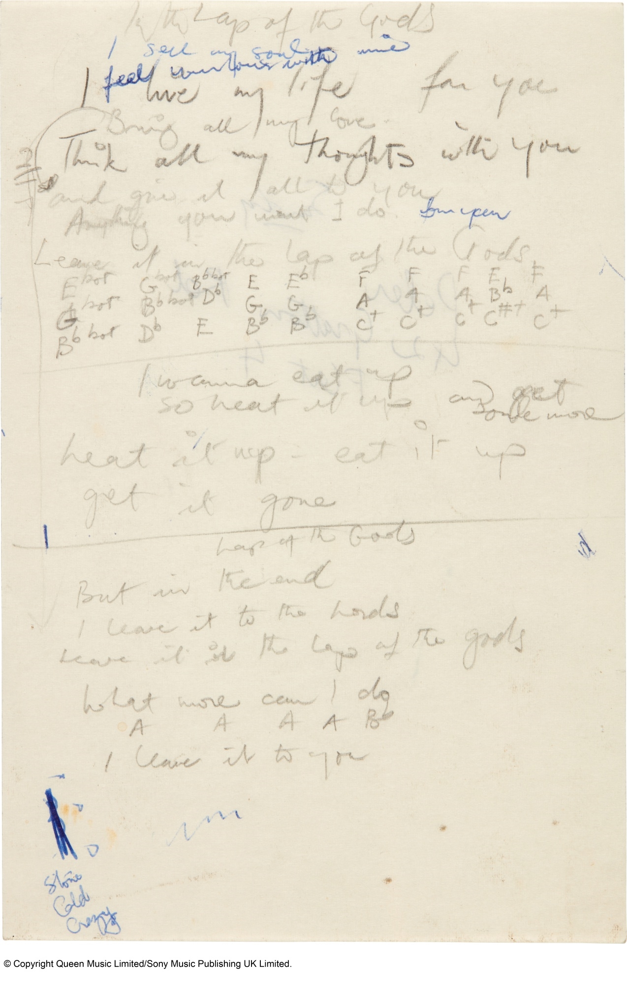 Freddie Mercury | Autograph manuscript lyrics of songs for the album ...
