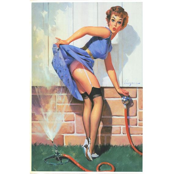 Gil Elvgren | Vintage print of pinup girl lifting up her skirt while getting wet by sprinkler ...
