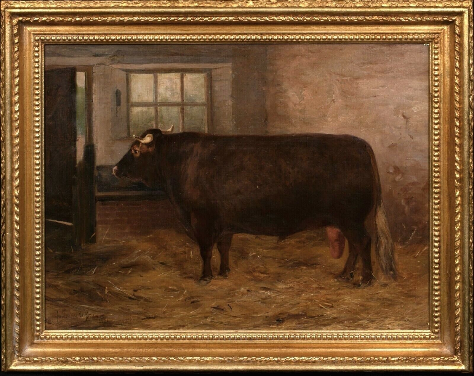 Anthony de Bree | PORTRAIT OF A PRIZE SHORTHORN BULL IN A BARN OIL ...
