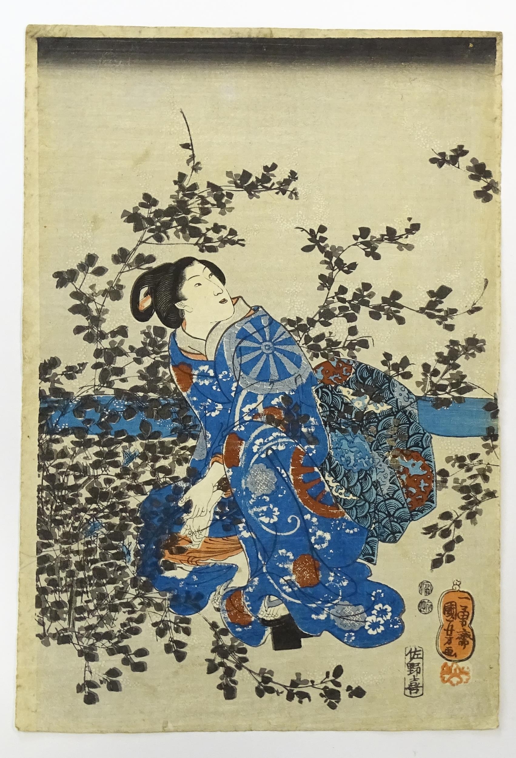Utagawa Kuniyoshi | A Geisha picking leaves from a lax shrub | MutualArt