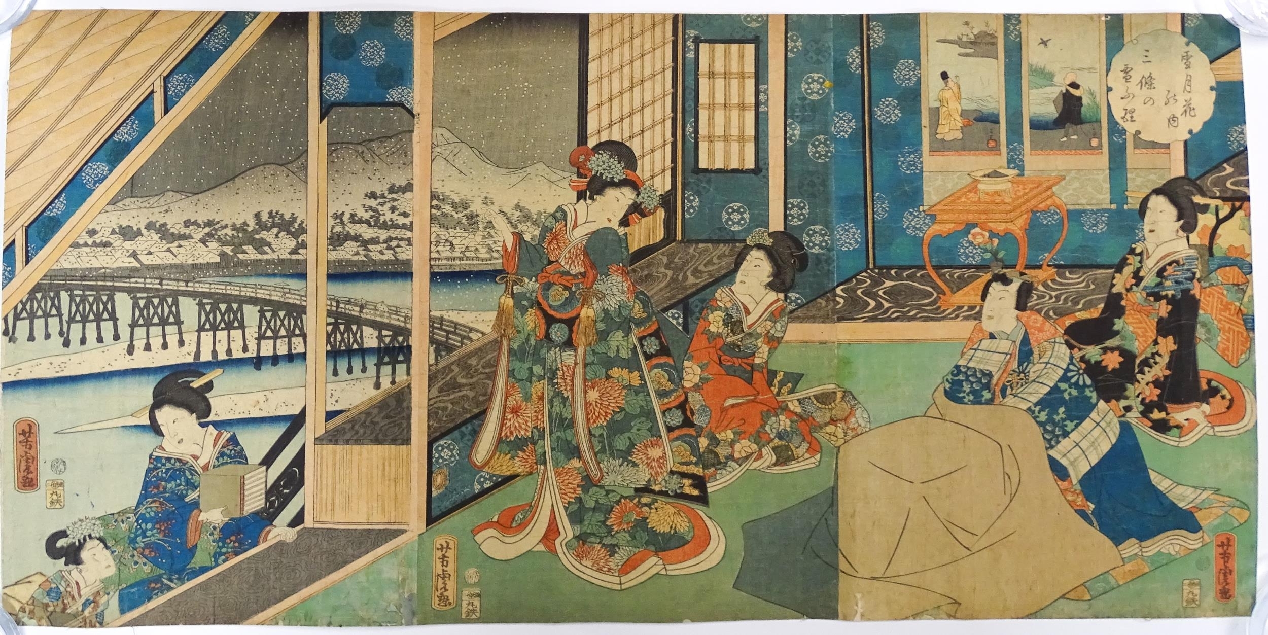 Utagawa Yoshitora | A triptych, Snow Falling at Sanjo | MutualArt