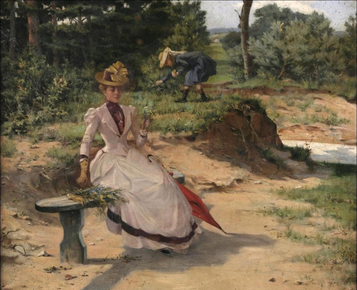 French School, 19th Century | Young woman with a red parasol (19th Century) | MutualArt